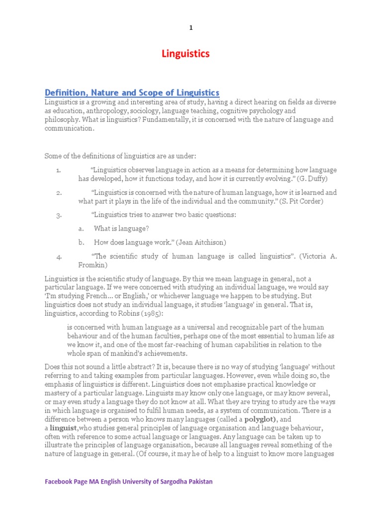 Linguistics: Definition, Nature and Scope of Linguistics | PDF ...