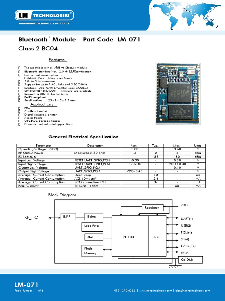 Bluetooth Module - Part Code LM-071 Class 2 BC04: Features | PDF ...