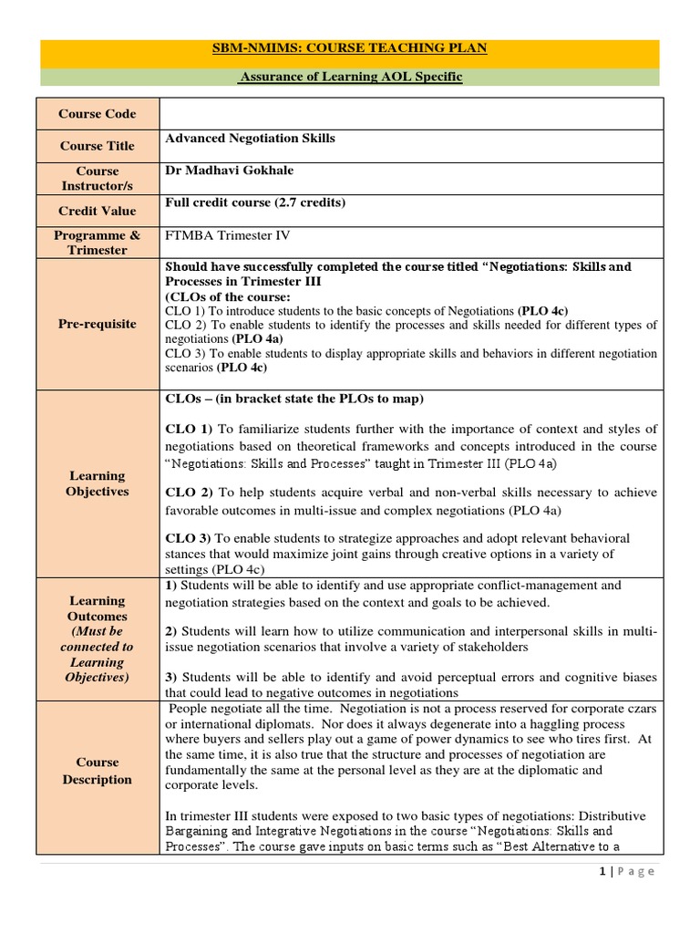 Advanced Negotiation Skills - Course Outline - Trim IV 2021-22 | PDF ...