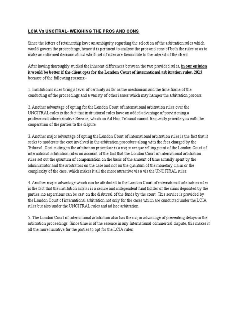 LCIA Vs UNCITRAL - WEIGHING THE PROS AND CONS | PDF | Arbitration ...