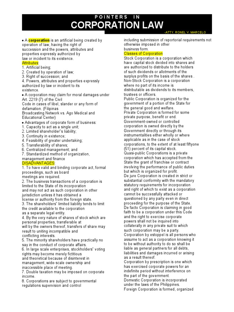 Corporation Law: Pointers in | PDF | Corporations | Stocks