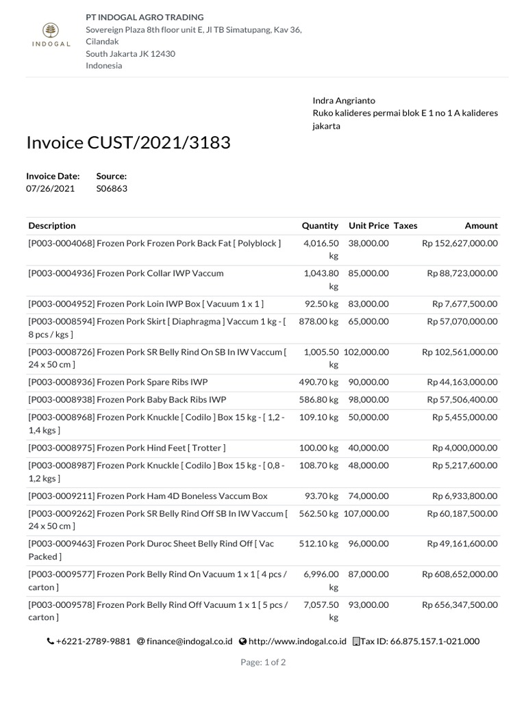 Frozen Pork Products Invoice from PT Indogal Agro Trading | PDF ...