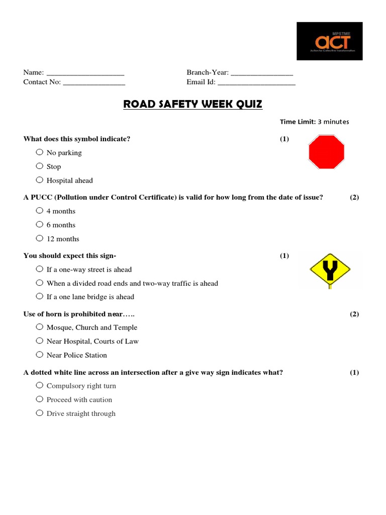 Road Safety Week-Quiz Question Sets - A, B, C, D | PDF | Traffic | Road ...
