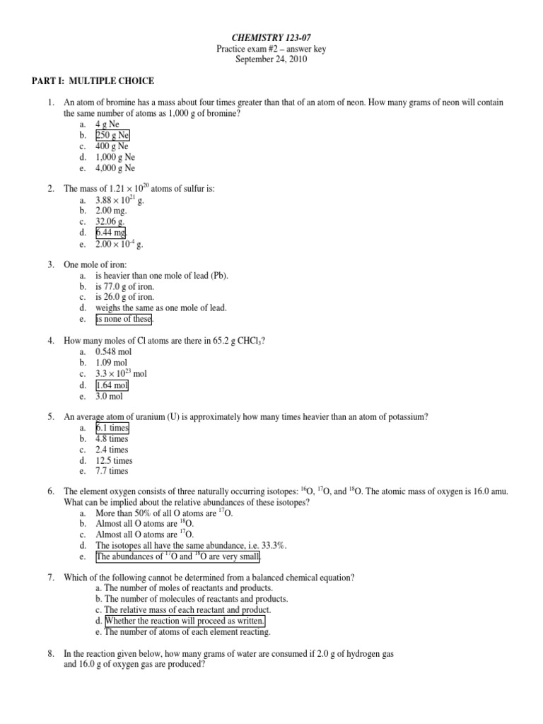 Practice Exam 2 Chemist | PDF | Mole (Unit) | Stoichiometry