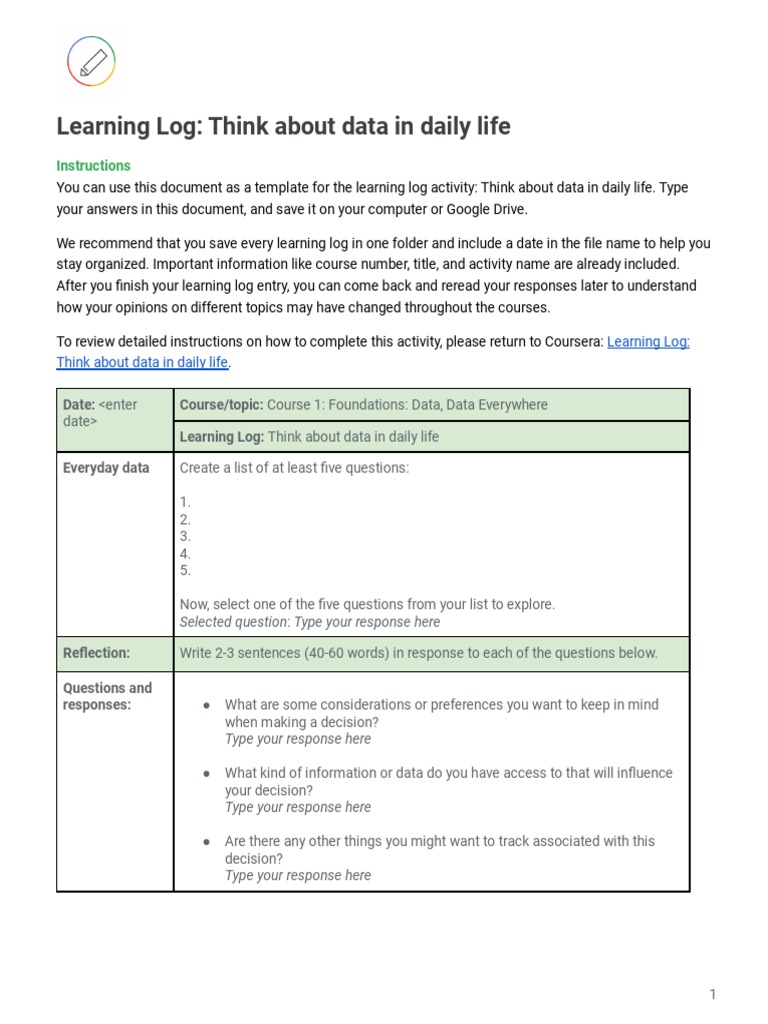 Learning Log Template Think About Data In Daily Life Pdf 