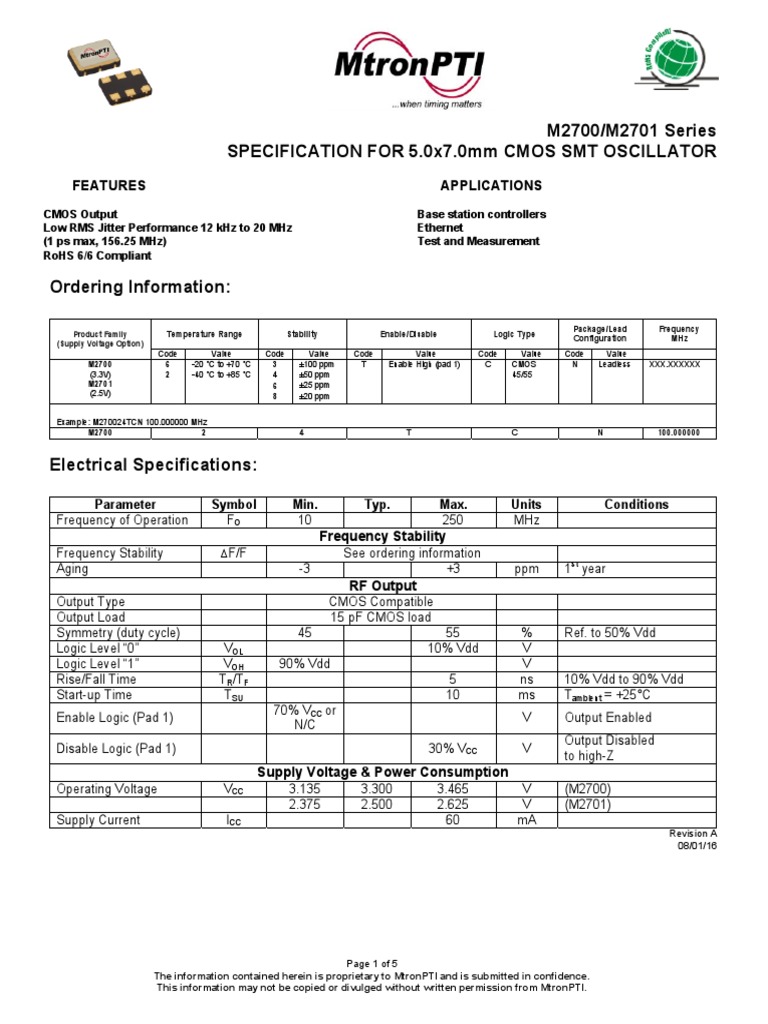 M2700/M2701 Series Specification For 5.0X7.0Mm Cmos SMT Oscillator ...