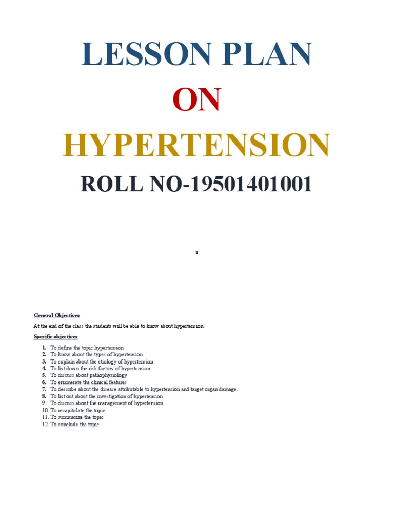 LESSON PLAN On Hypertension | PDF | Hypertension | Blood Pressure