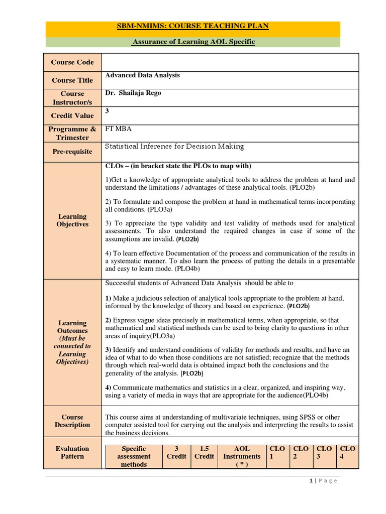 1 Advanced Data Analysis-Course Outline | PDF | Regression Analysis ...