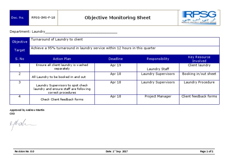 RPSG-IMS-F-18 Objective Monitoring Sheet Laundry 2 | PDF