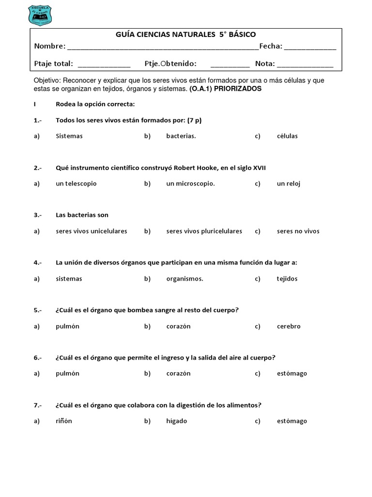 Ciencias Naturales 5 Basico Niveles de Organizacion de Los SERES VIVOS ...