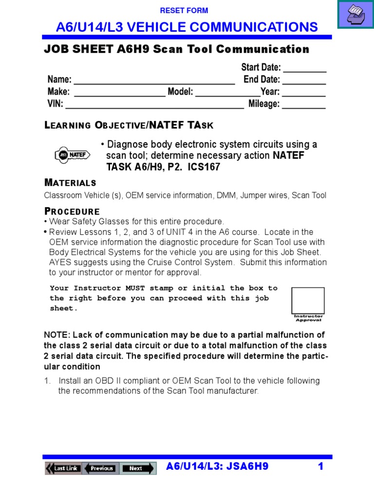 A6/U14/L3 Vehicle Communications: JOB SHEET A6H9 Scan Tool ...