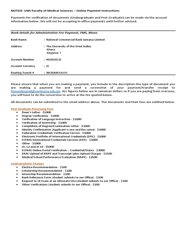 FMS Processing Fees (Undergraduate Post-Graduate) | PDF