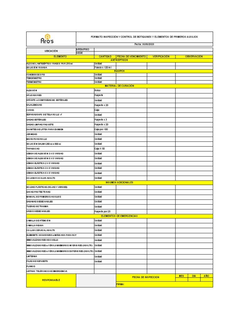 Formato Inspección y Control de Botiquines y Elementos de Primeros Auxilios | PDF | La seguridad ...