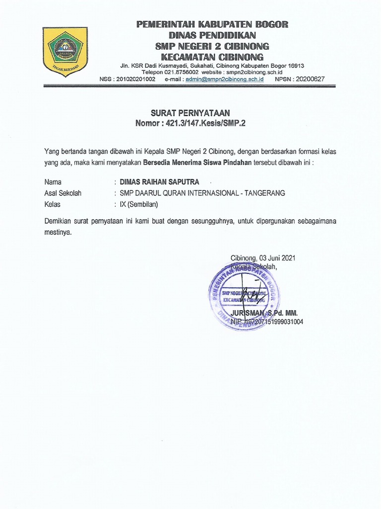 Surat Dari SMP Negeri 2 Cibinong | PDF