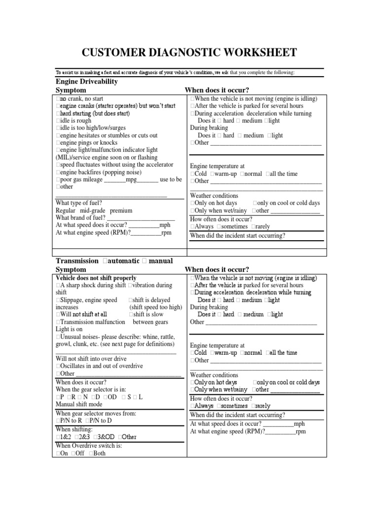 Customer Diagnostic Worksheet | PDF | Vehicles | Motor Vehicle