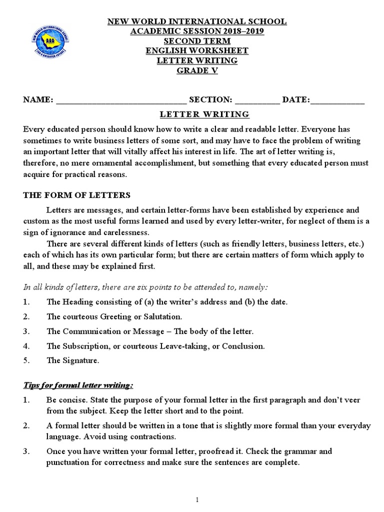 Formal Letter Writing Guide for Grade 5 | PDF | Linguistics | Communication