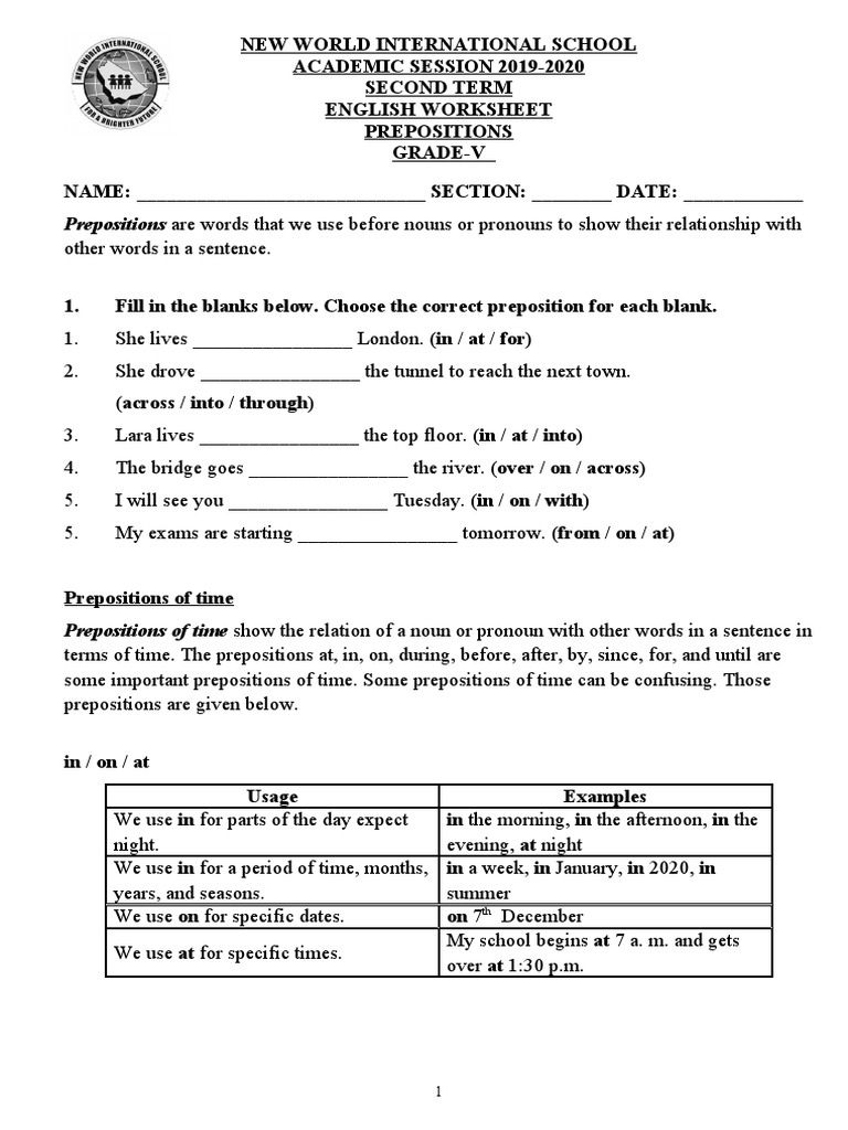 Grade 5 Preposition Worksheet | PDF | Preposition And Postposition ...