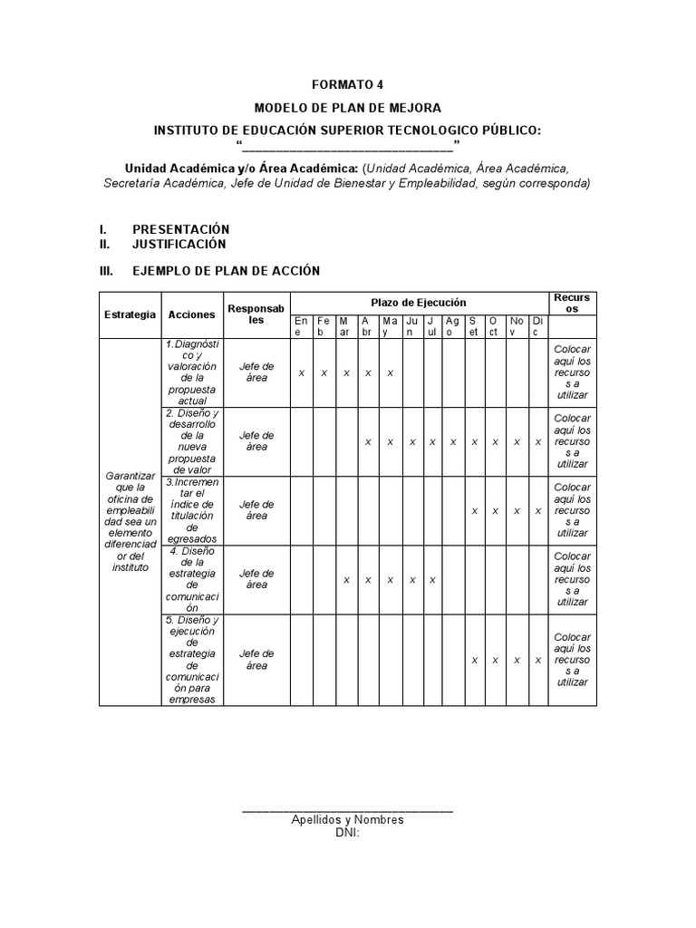 Formato 4 MODELO DE PLAN DE MEJORA | PDF