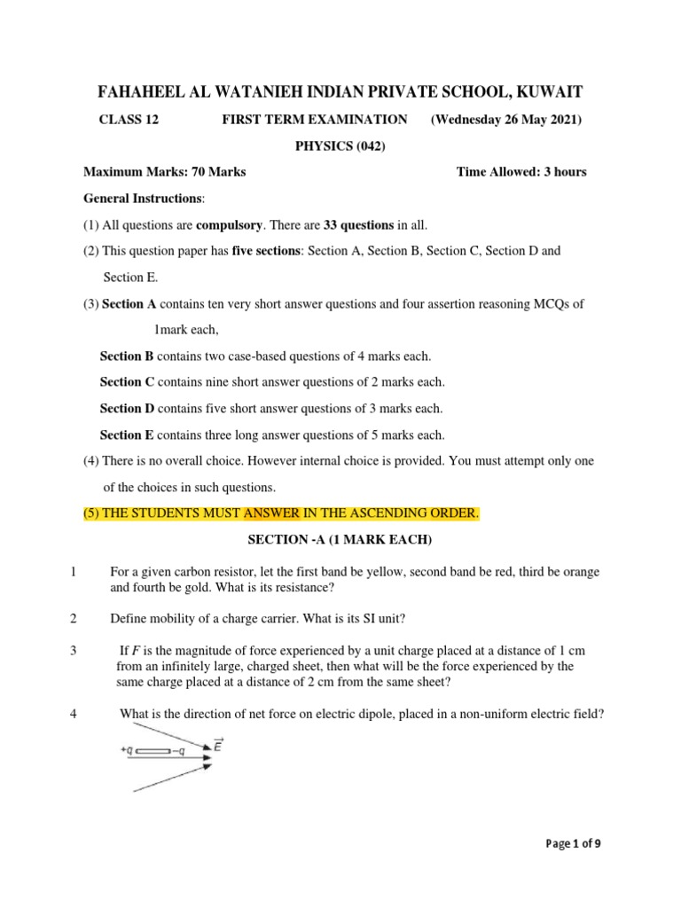 XII Term 1 Physics | PDF | Capacitor | Electrical Resistivity And Conductivity