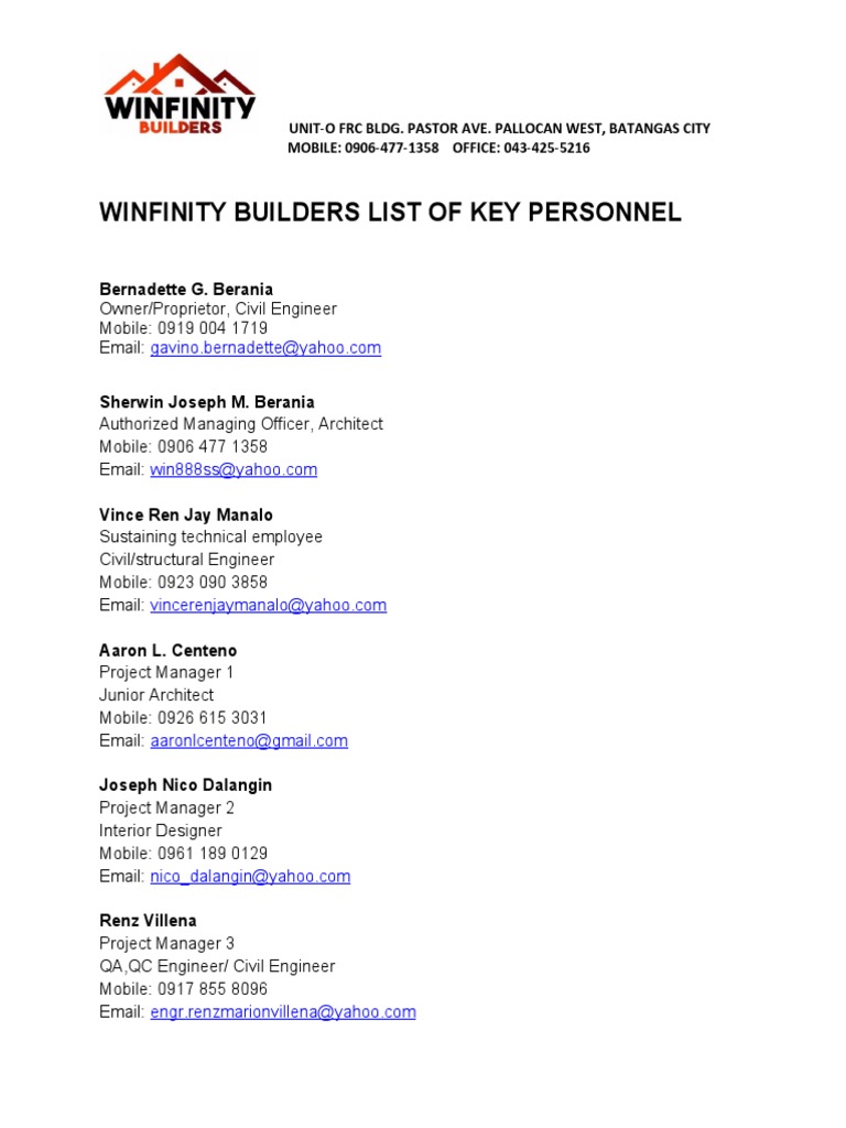 Winfinity Builders Key Personnel | PDF