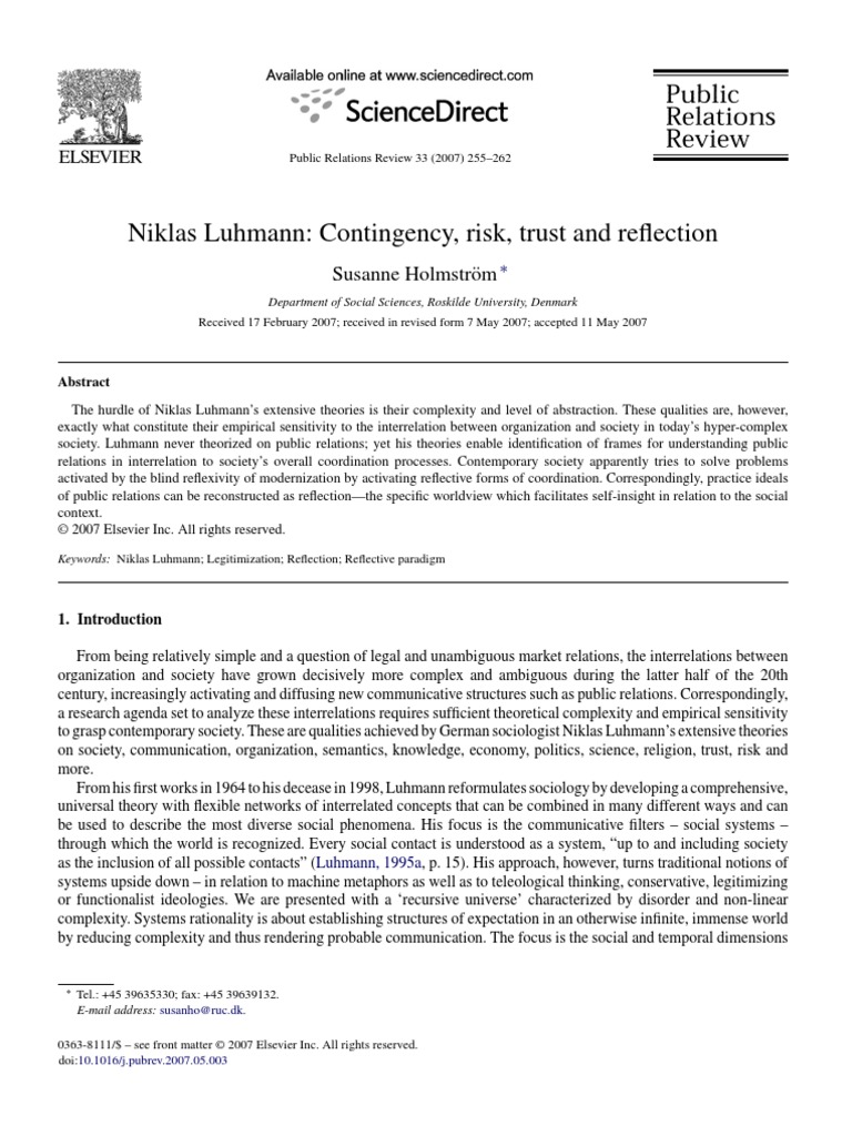 Niklas Luhmann - Contingency, Risk, Trust and Reflection | PDF ...