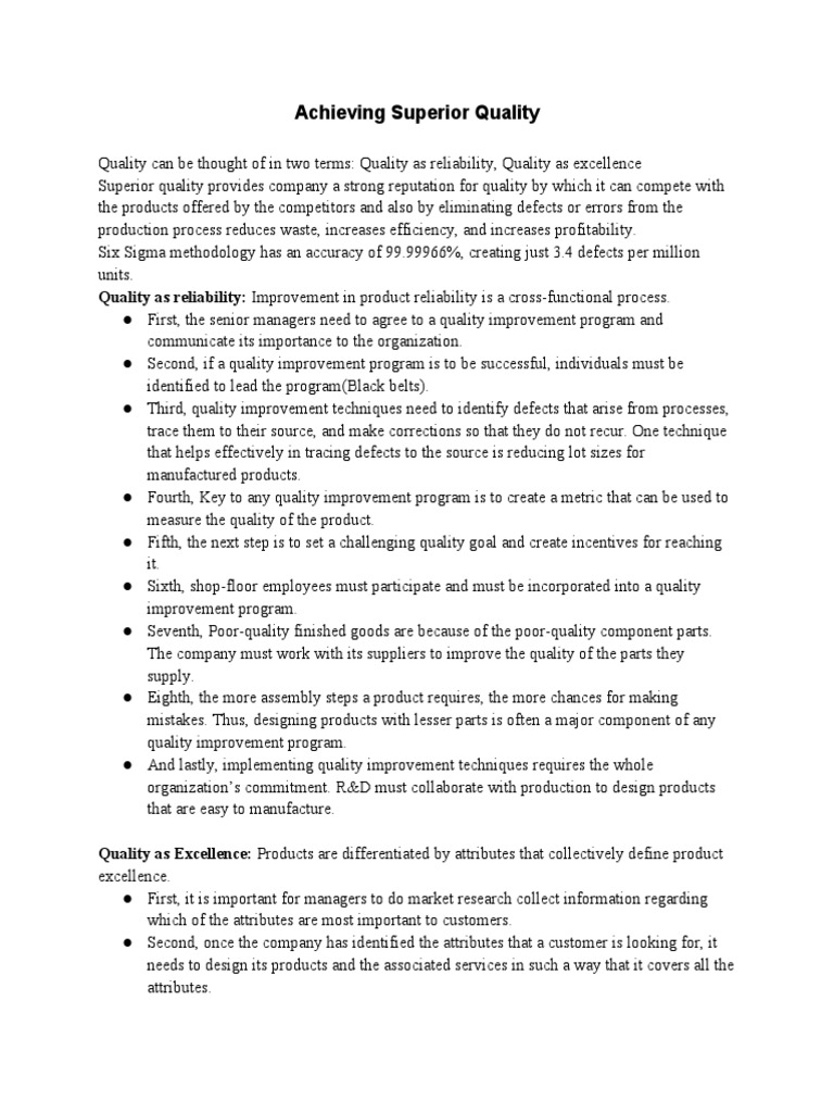 Achieving Superior Quality | PDF | Quality Management | Reliability ...
