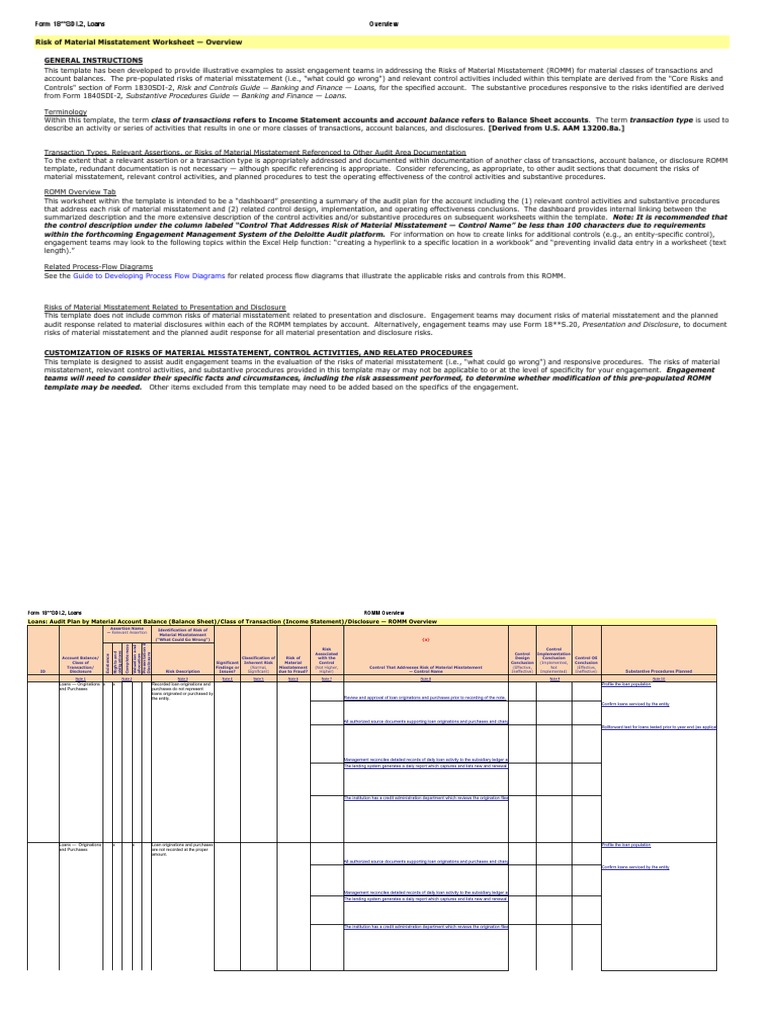 Form 18 Sdi 2 - Loans - Risk of Material Misstatement (Romm) Worksheet ...