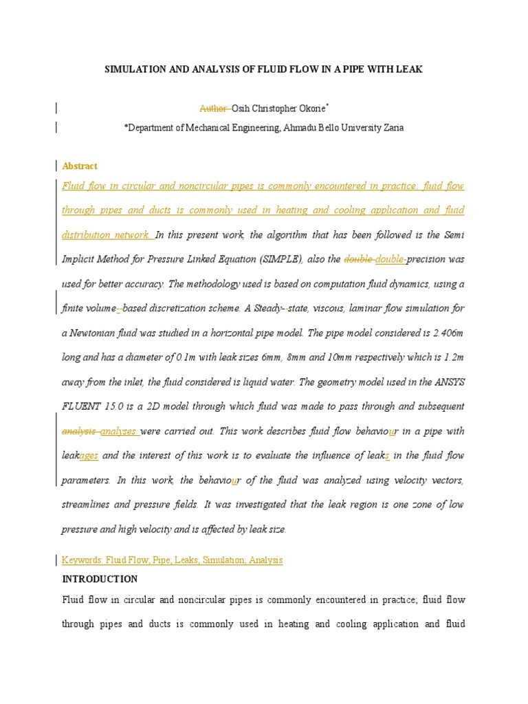 Simulation and Analysis of Fluid Flow in A Pipe With Leak | PDF | Fluid ...