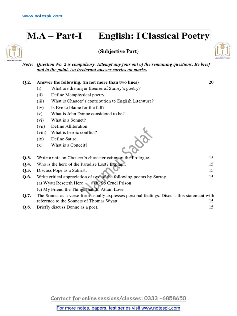 M.A. English Part-I Exam Questions Guide | PDF | Poetry | Essays