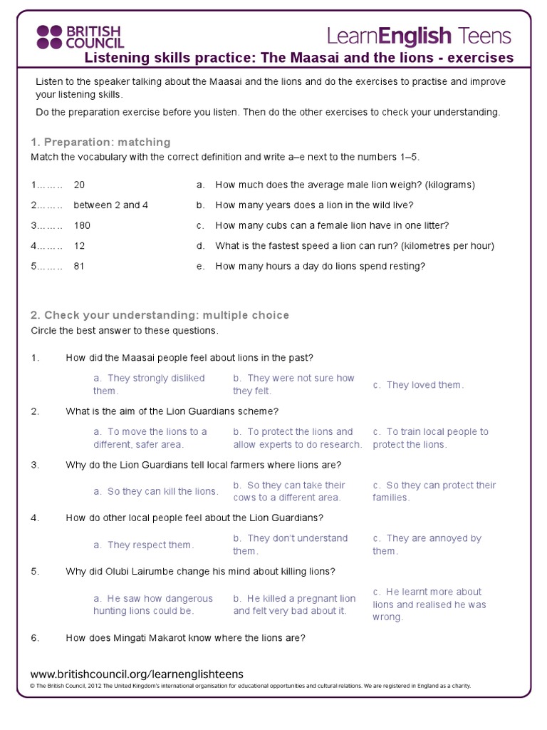Listening skills practice: The Maasai and the lions | PDF | Lion