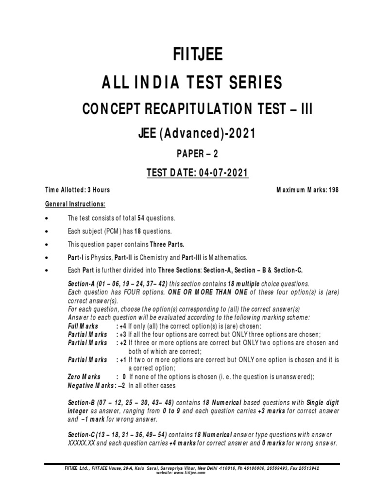 Fiitjee All India Test Series: Concept Recapitulation Test - Iii | PDF ...