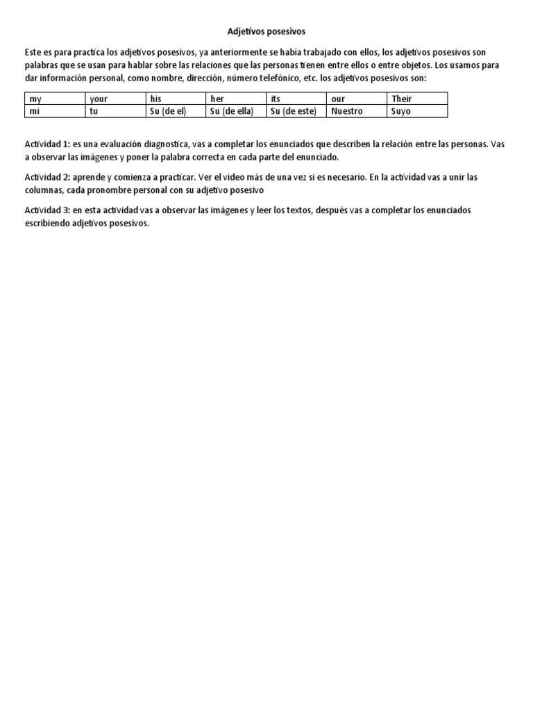 Práctica de Adjetivos Posesivos | PDF