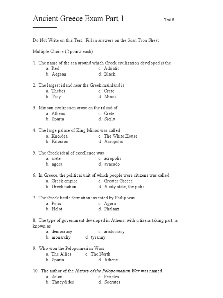 Ancient Greece Exam Part 1: Test # | PDF | Ancient Greece | Athens