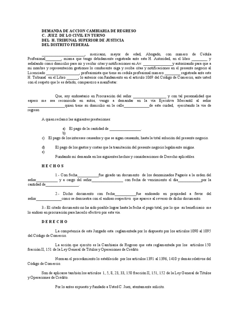Demanda de Accion Cambiaria de Regreso | PDF | Demanda judicial | Gobierno Demanda de Accion Cambiaria de Regreso | PDF | Demanda judicial | Gobierno