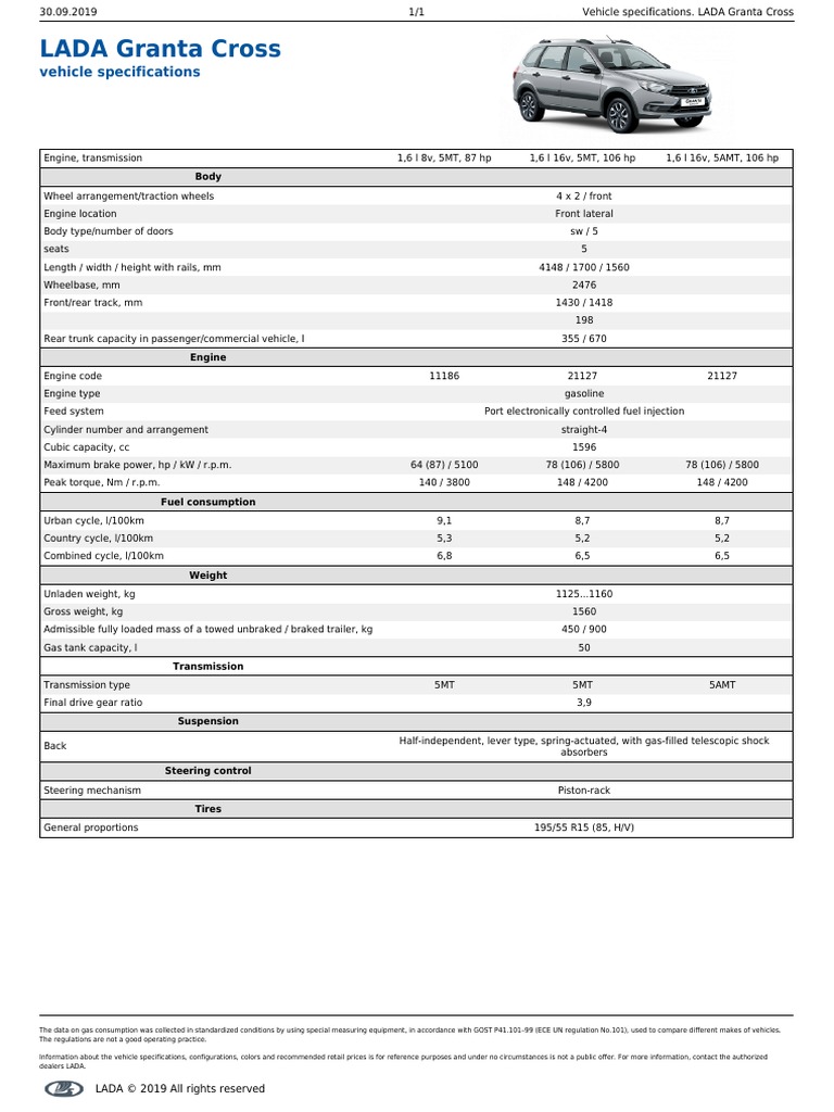 Vehicle Specifications LADA Granta Cross LADA | PDF | Fuel Economy In ...