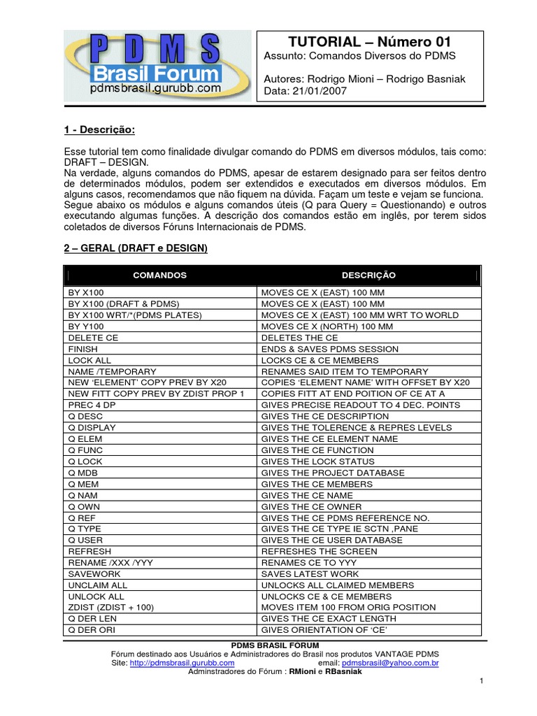 Comandos úteis do PDMS para diversos módulos como Draft, Design e seus respectivos comandos e ...
