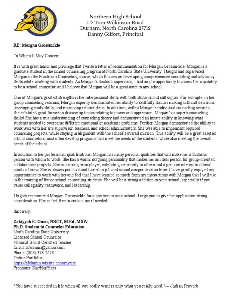 Morgan Grossnickle - School Counselor - Recommendation Letter | PDF ...