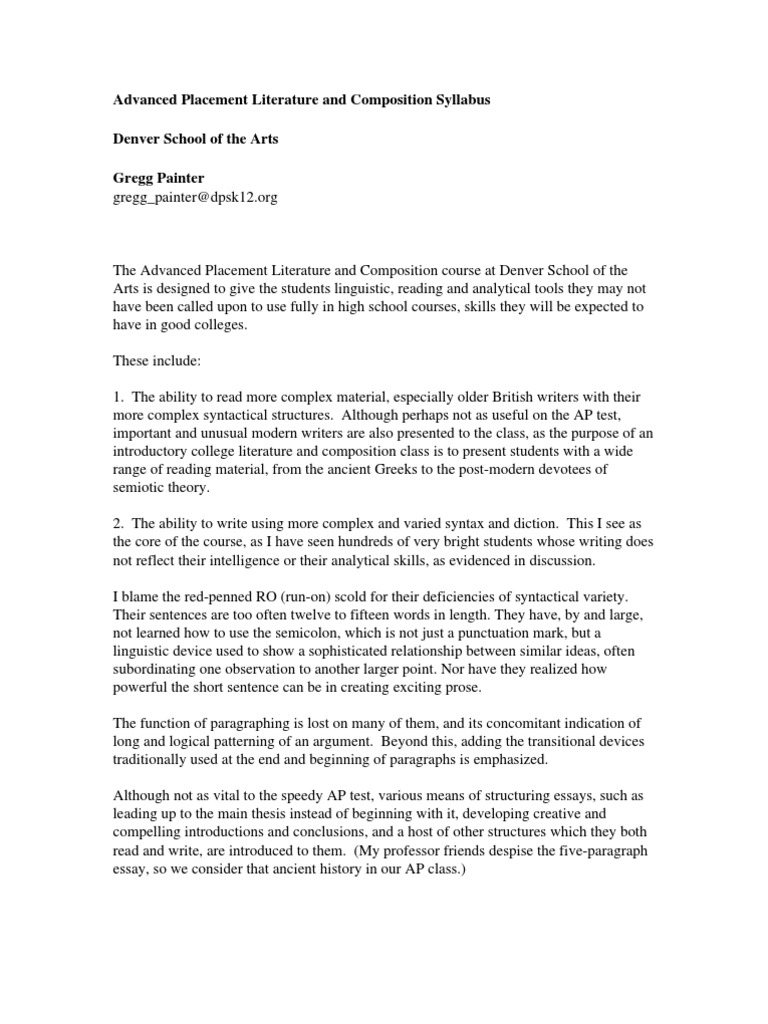 Advanced Placement Literature and Composition Syllabus Denver School of The Arts Gregg Painter ...