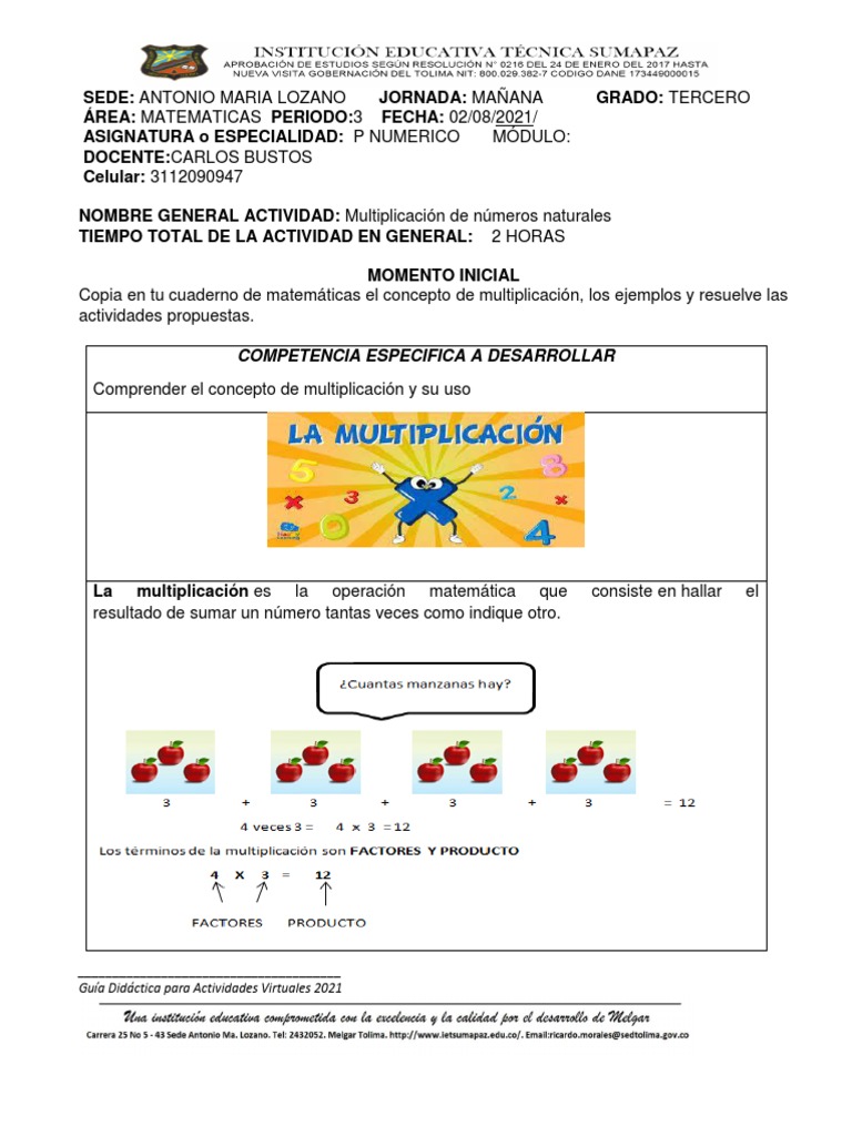 Taller de Multiplicación Grado 3 | PDF | Multiplicación | Matemática ...