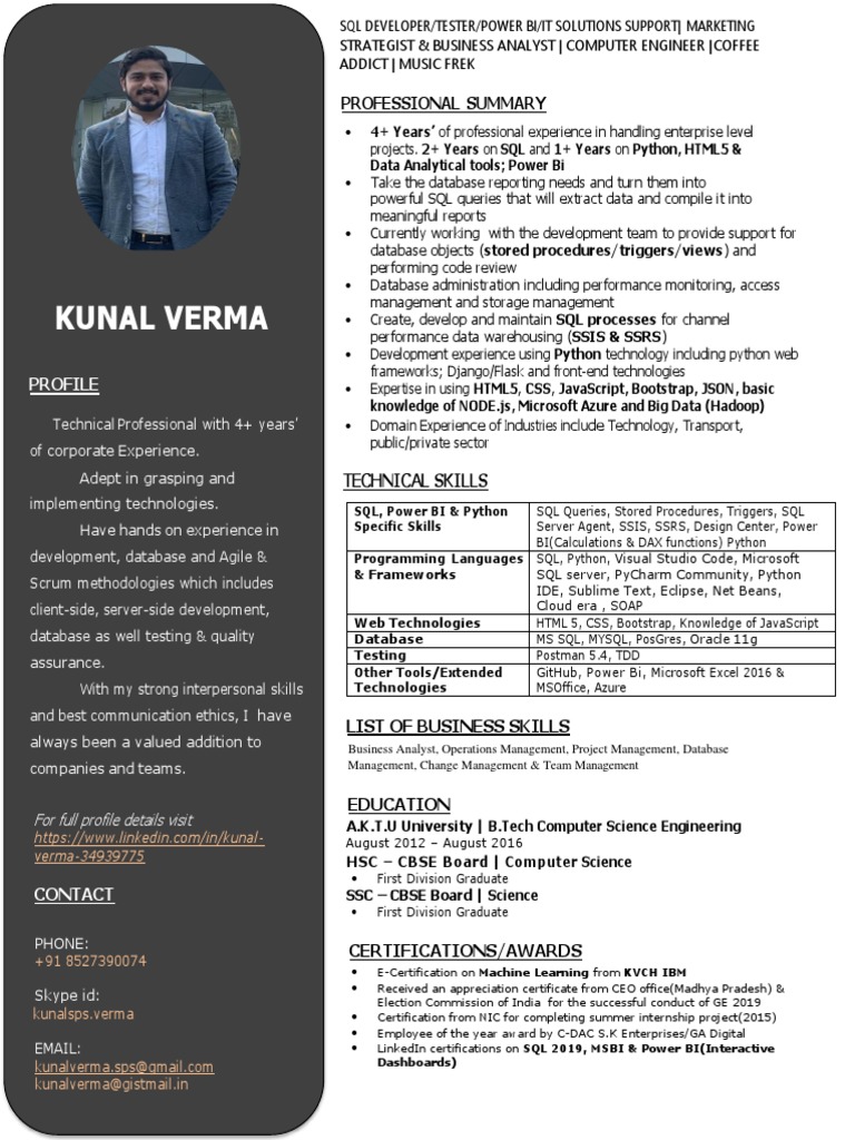 Kunal Verma: Professional Summary | PDF | Databases | Microsoft Sql Server