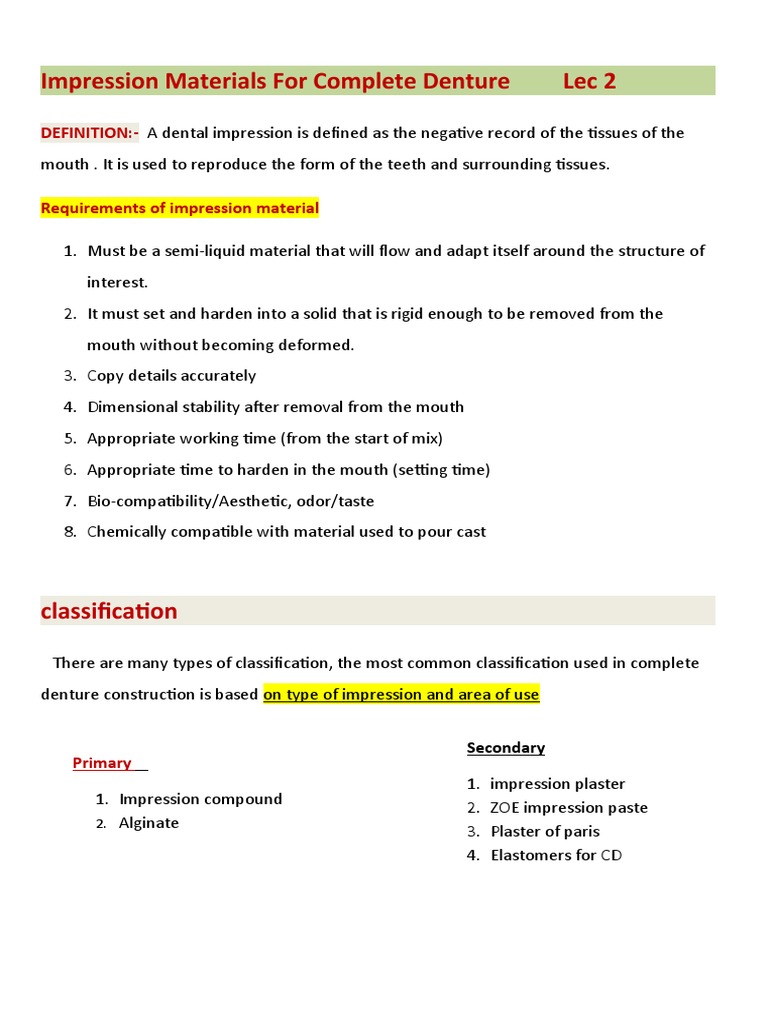 Impression Materials For Complete Denture Lec 2 | PDF | Materials ...