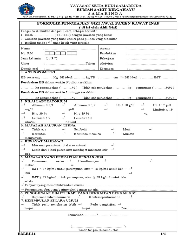 RM - Ri.21.formulir Pengkajian Gizi Awal Pasien Rawat Inap | PDF