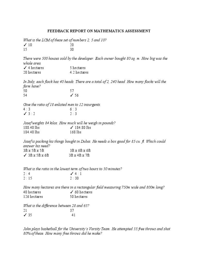 Feedback Report On Mathematics Assessment | PDF | Odds | Numbers