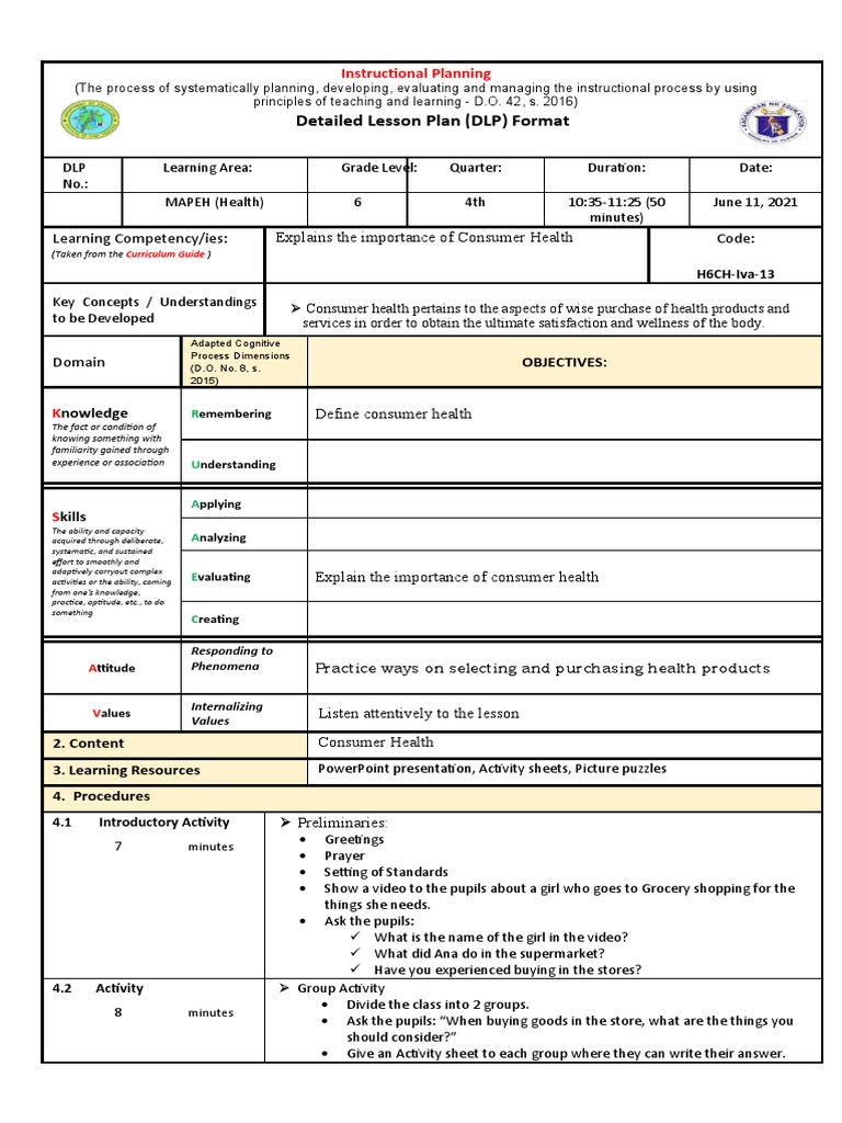 Detailed Lesson Plan (DLP) Format: Learning Competency/ies: Explains ...