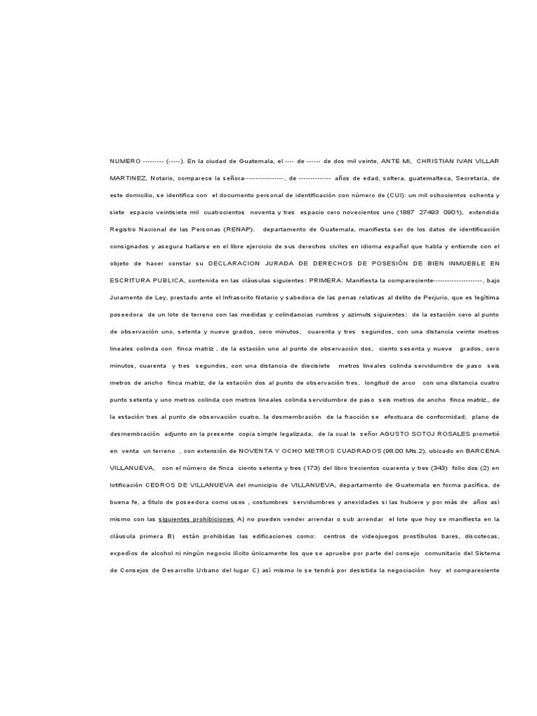 Declaracion Jurada de Derechos de Posesion de Bien Inueble | PDF | Ley común | Derecho Civil ...
