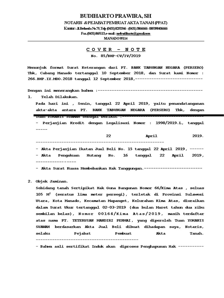 COVER NOTE BTN (TETERUSAN) QQ. Yohanis Suawah | PDF