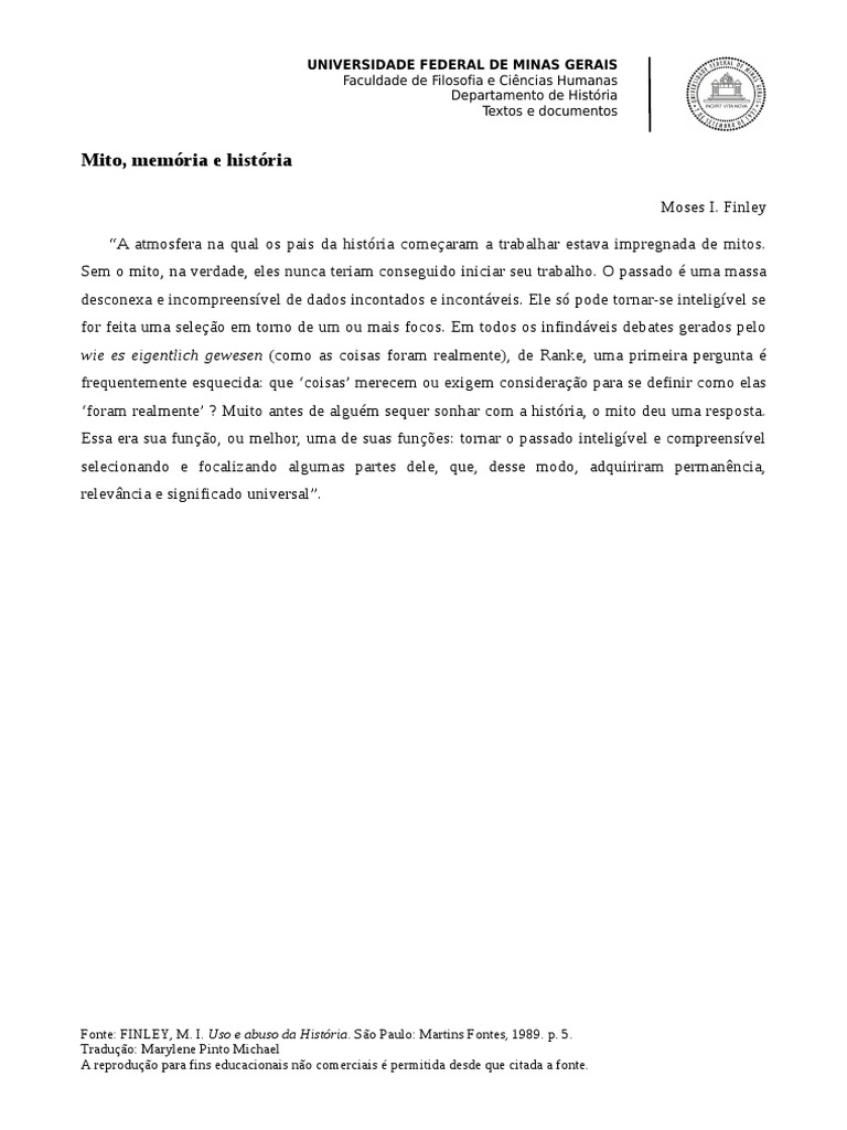 FINLEY, Moses I. Mito, Memória e História. | PDF
