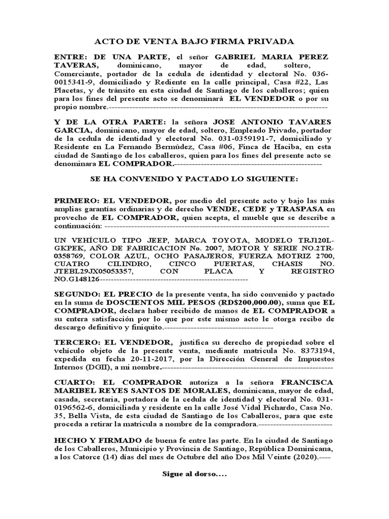 Acta de venta de vehículo entre particulares | PDF