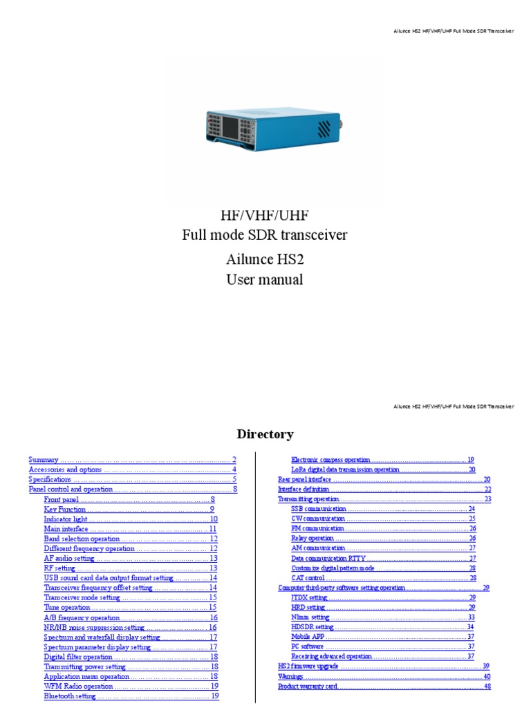 Hf/Vhf/Uhf Full Mode SDR Transceiver Ailunce HS2 User Manual | PDF | Software Defined Radio ...