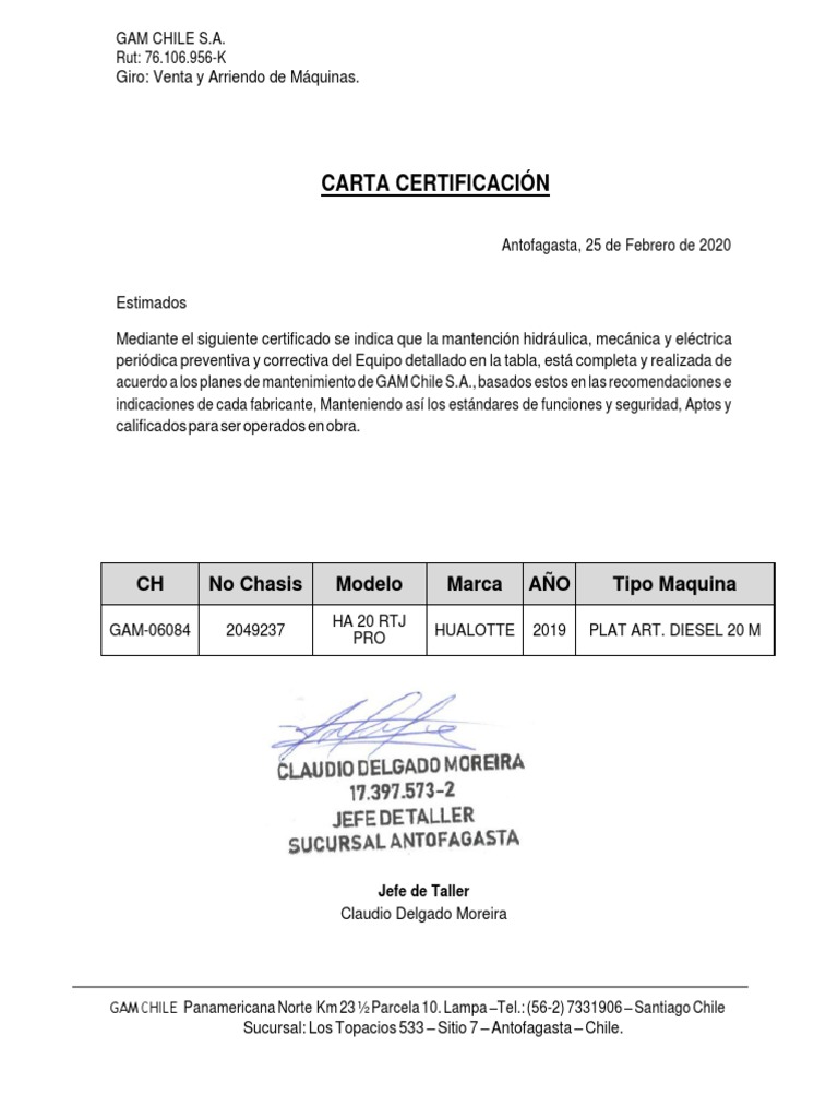 Carta de Certificacion | PDF